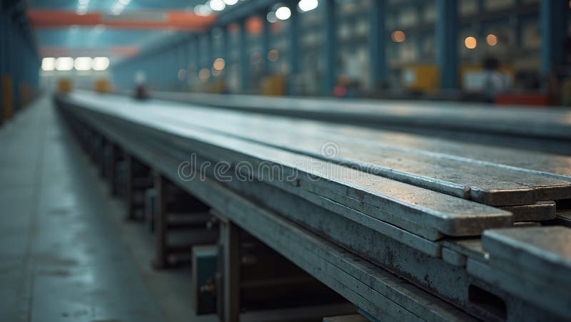 Polished Steel Beams on Conveyor Belt in Industrial Setting Stock ...