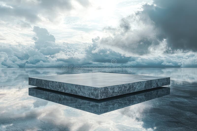 Polished Stone Podium Floating Above Reflective Surface Under Cloudy ...