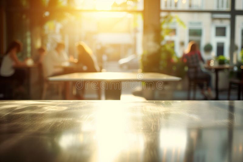 Polished Table, Blurred Patrons in Sunlit Cafe Scene Behind Stock Image ...
