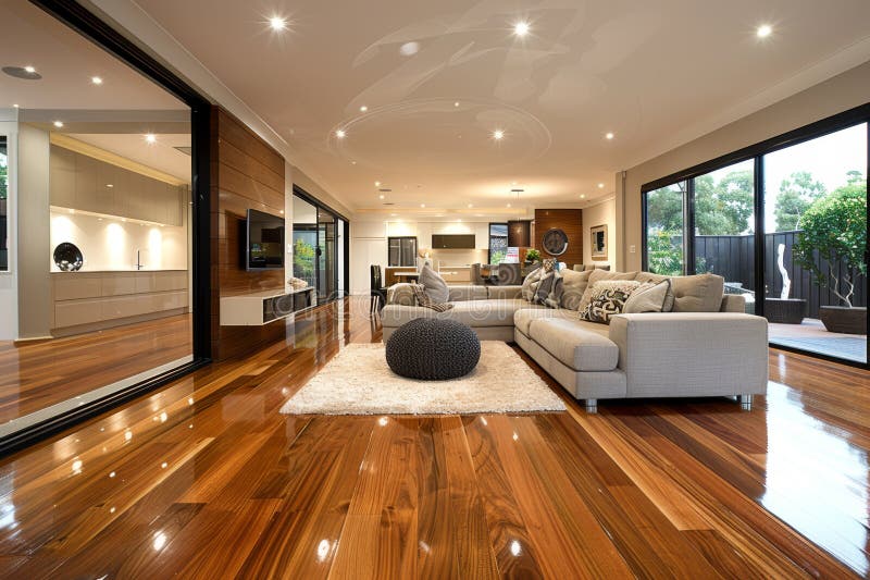 Polished Timber Flooring in a Spacious Modern Living Room. AI Generated ...