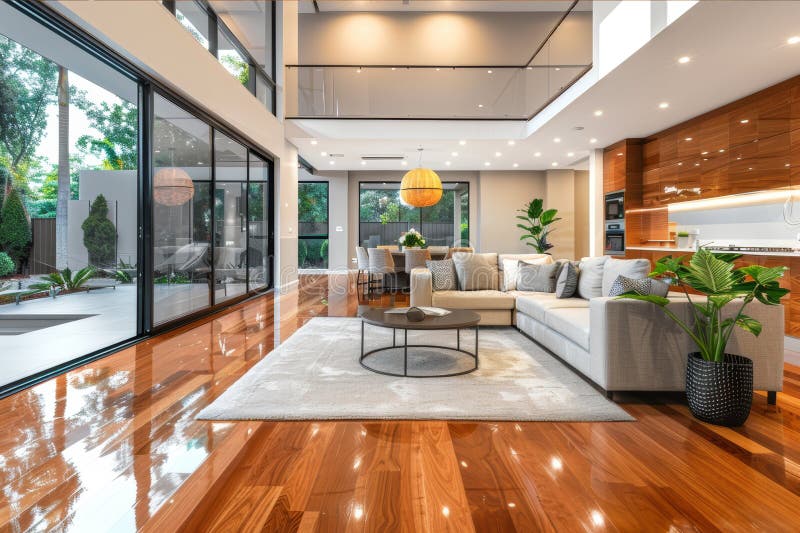 Polished Timber Flooring in a Spacious Modern Living Room. AI Generated ...