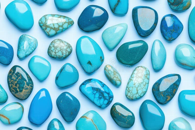 Polished Turquoise Gemstones in Various Shades Arranged on a Soft Blue ...