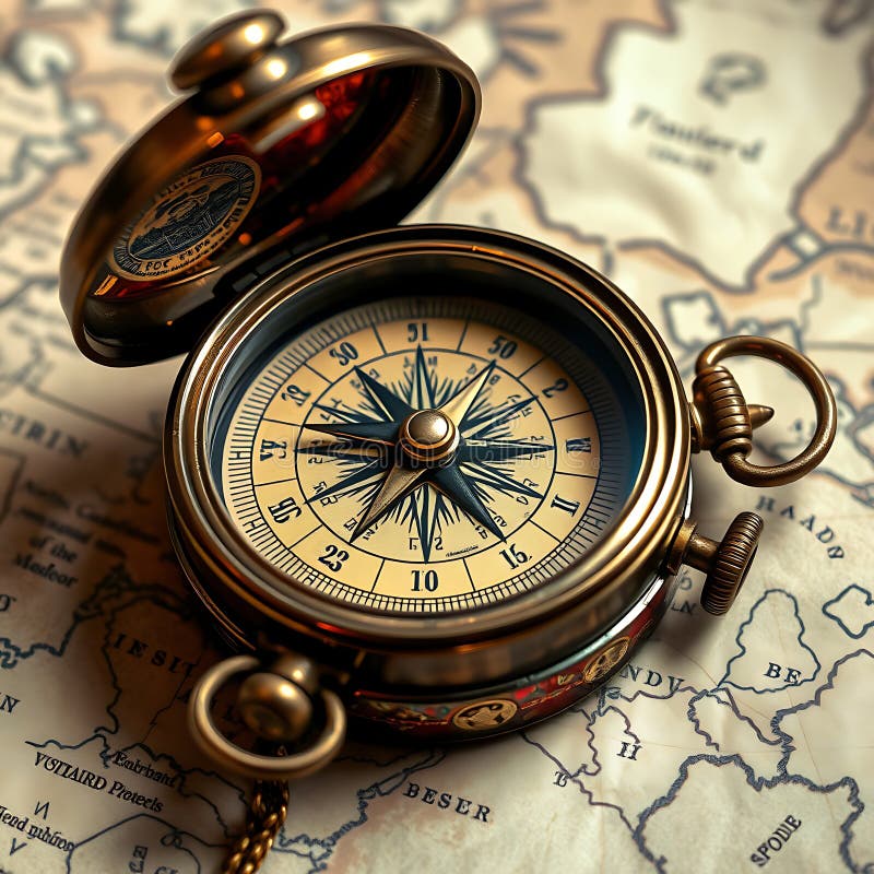 A Polished Vintage Compass Resting on a Worn Out Treasure Map Stock ...
