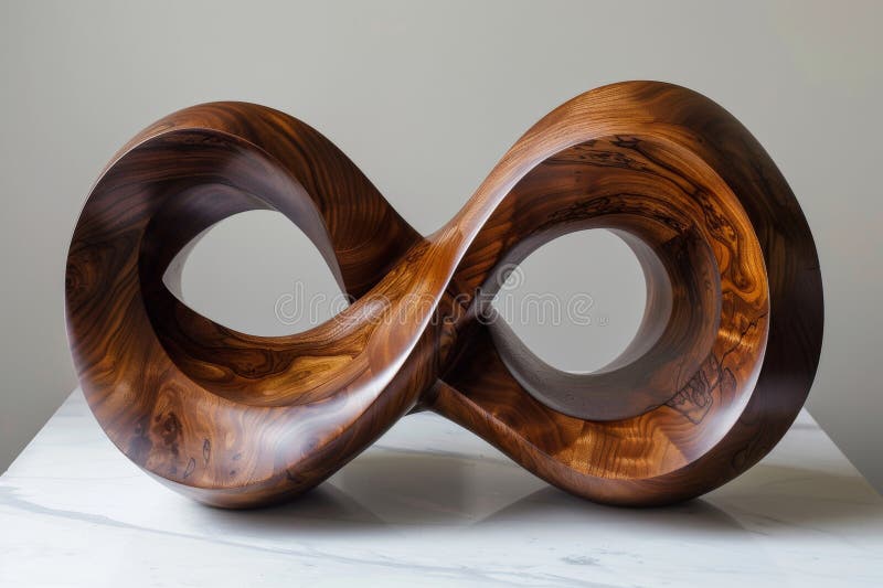 Polished Walnut Wood Infinity Loop Sculpture on a White Surface Stock ...