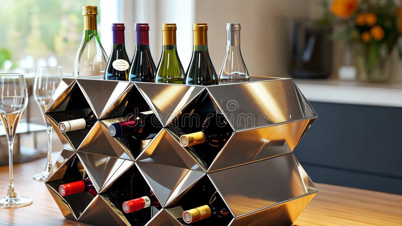 A Polished Wine Rack with Geometric Compartments Holding Assorted ...