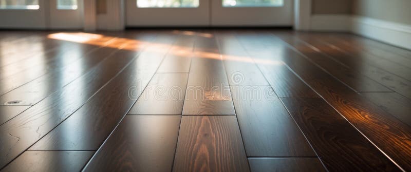 Polished Wood Floor Interior Perspective with Light Reflection. Stock ...