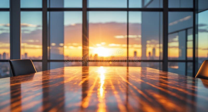 Polished Wooden Table Reflecting Sunset Light in Modern Office with ...