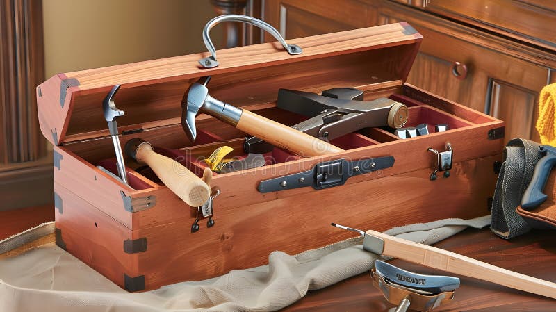 Polished Wooden Toolbox with Various Tools on Beige Cloth Stock Photo ...