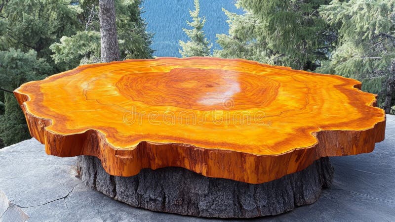 Polished Wooden Tree Stump Table in Forest Setting Stock Illustration ...