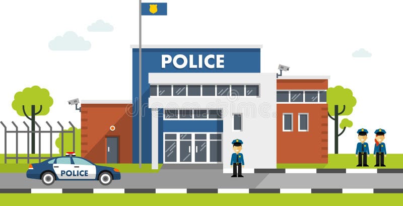 Polisstation Med Polisen Och Polisbilen Vektor Illustrationer ...