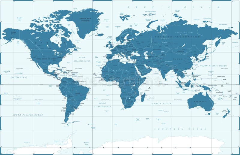 Blue World Map - Borders, Countries and Cities -illustration Stock ...
