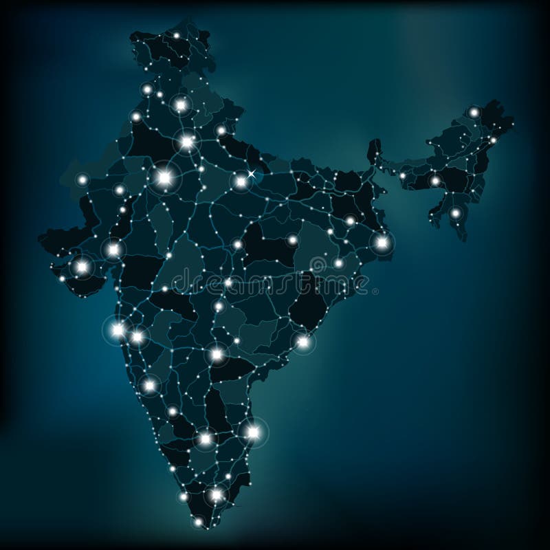 Political Night Map of India with Lights Stock Vector - Illustration of ...
