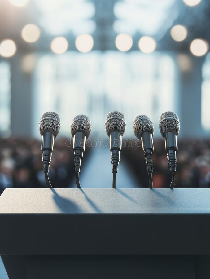 Political Podium Ready for Speech with Multiple Microphones and ...