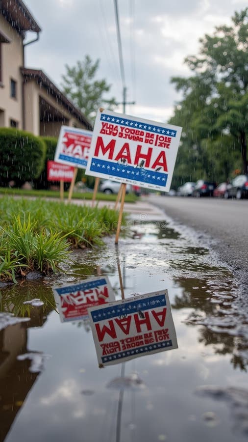 Political Signs Reflected in Rain Puddle on Suburban Street Stock Image ...