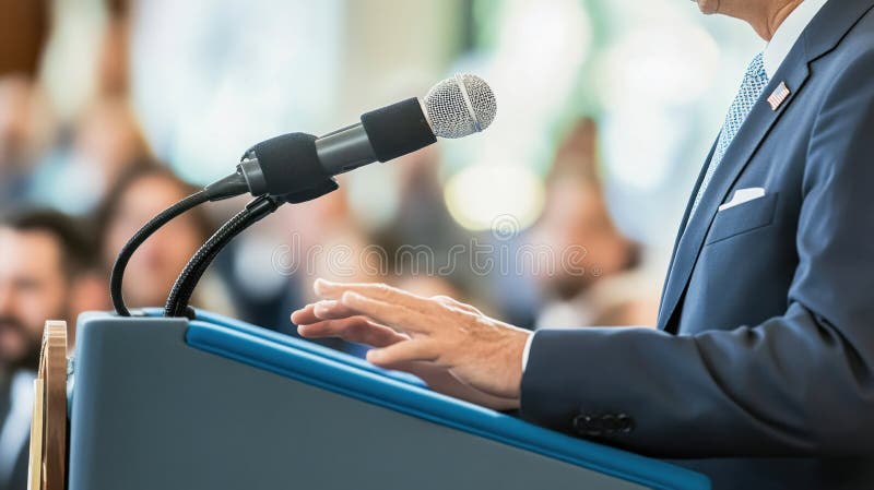 Politician Speaking at a Press Conference Using a Microphone on a ...