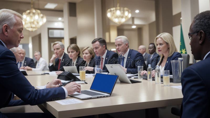 Round Table Concept, Business Meeting. Businessmen Icons on Wooden ...