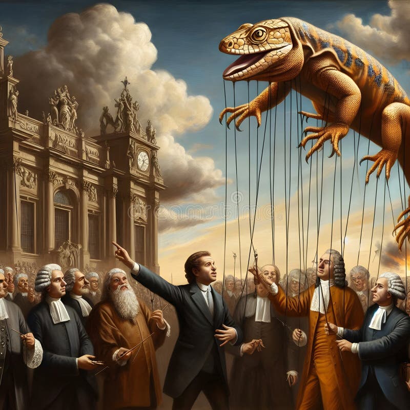 Crowd of Politicians Manipulating a Giant Lizard Puppet in Front of a ...