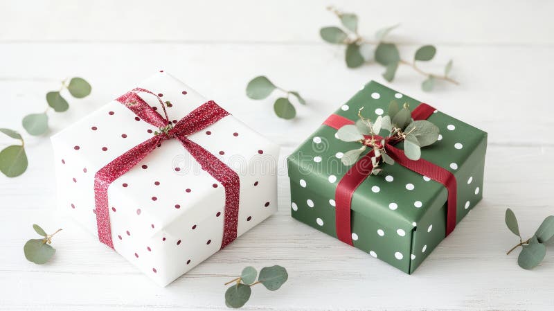 Polka Dot Holiday Gift Boxes with Red Ribbons and Eucalyptus Accents ...
