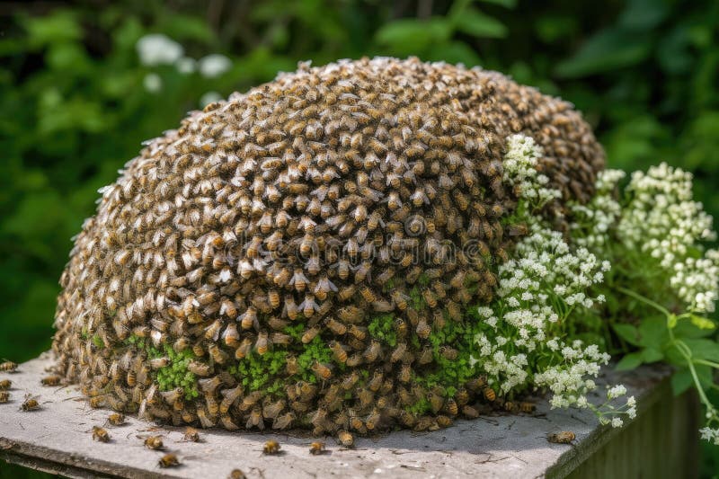 Pollen-covered Beehive Surrounded by Buzzing Insects Stock Illustration ...