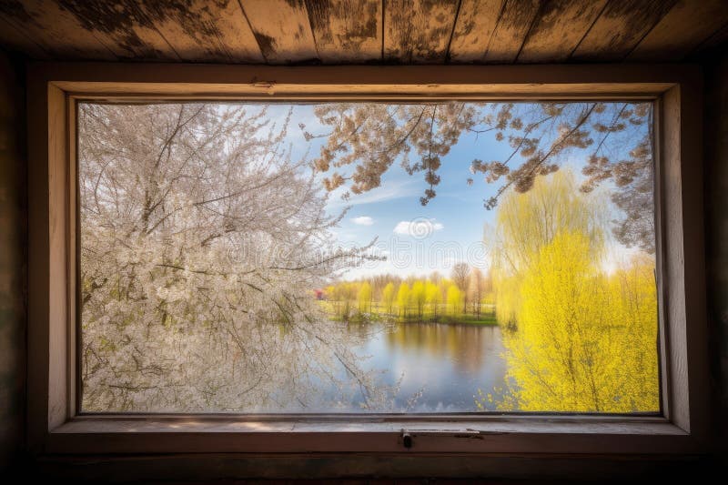 Pollen-covered Window Overlooking the Lake, with Reflections of Trees ...