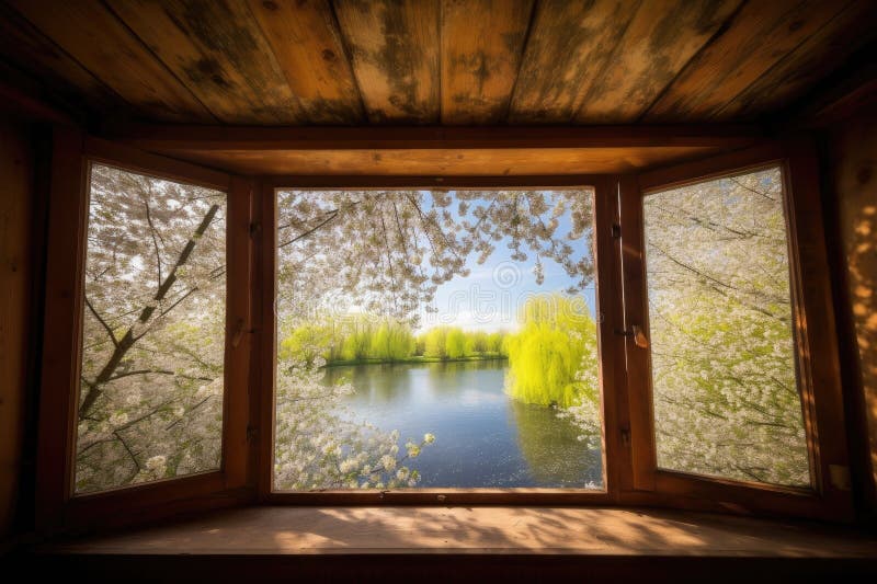 Pollen-covered Window Overlooking the Lake, with Reflections of Trees ...