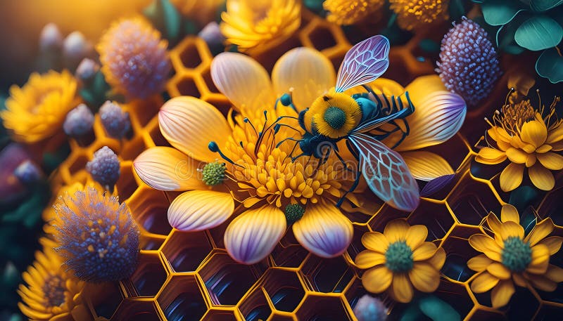 Pollen in Honeycombs, Top View, Macro Image with Selected Focus on Digital Art Concept ...