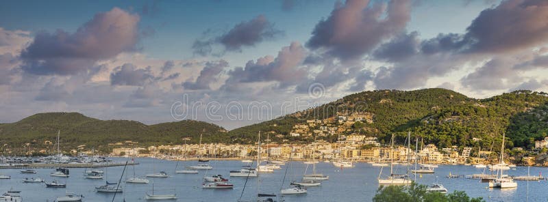 Pollensa port landscape stock image. Image of ship, landscape - 237628639