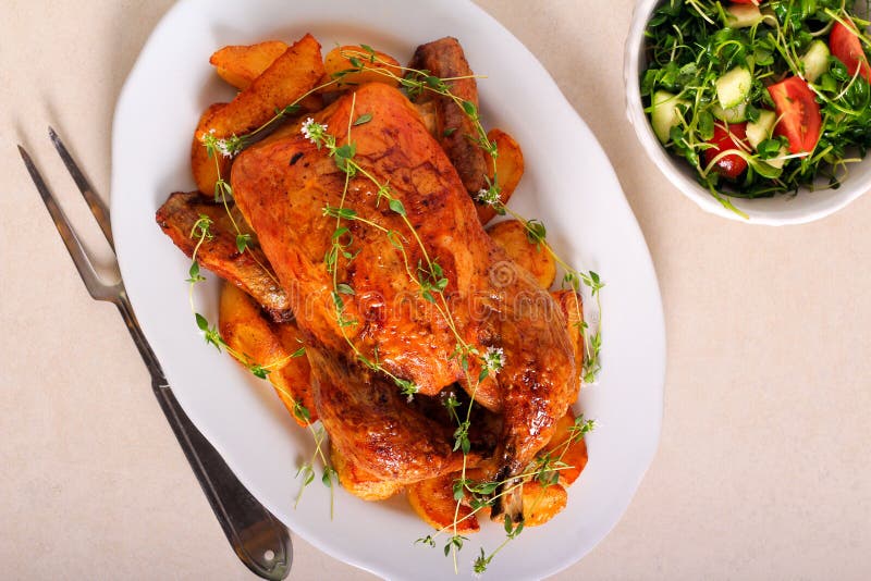 Pollo asado con patatas foto de archivo. Imagen de aperitivo - 221068526