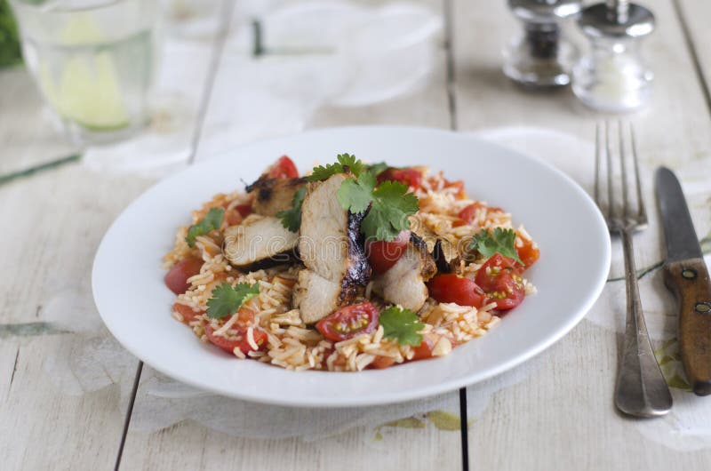 Pollo messicano con riso immagine stock. Immagine di erba - 75912961