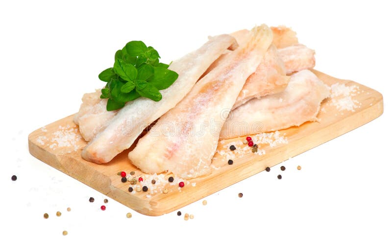 Pollock (pallock) And Spices On Wooden Board Isolated Stock Photo ...