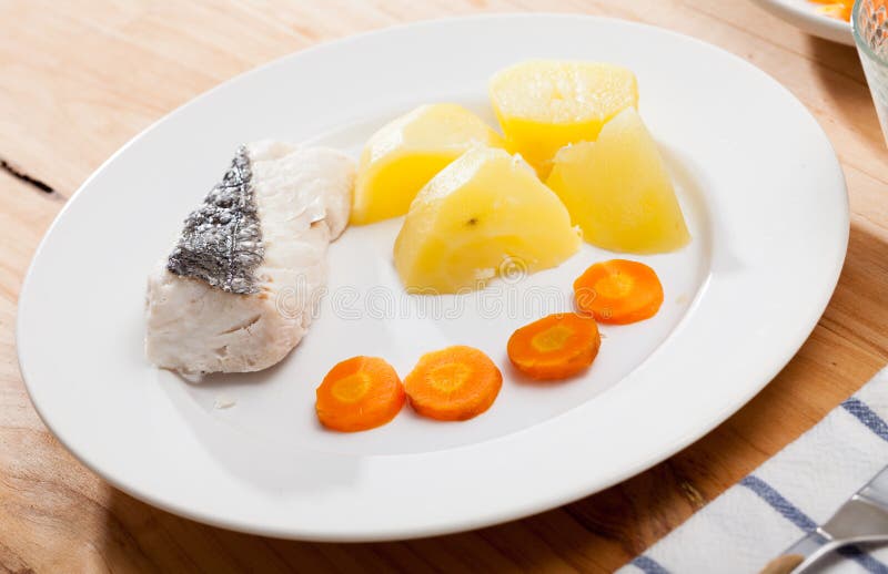 Pollock Prepared on Steam, Served with Boiled Potatoes and Carrots ...