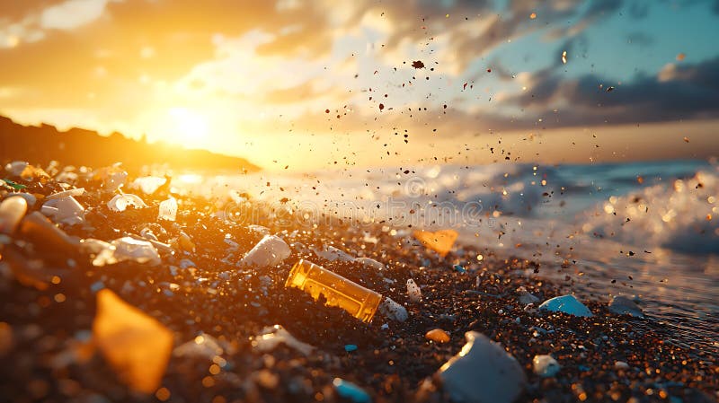 Polluted Beach with Microplastics and Debris Under Sunset Sky Stock Illustration - Illustration ...