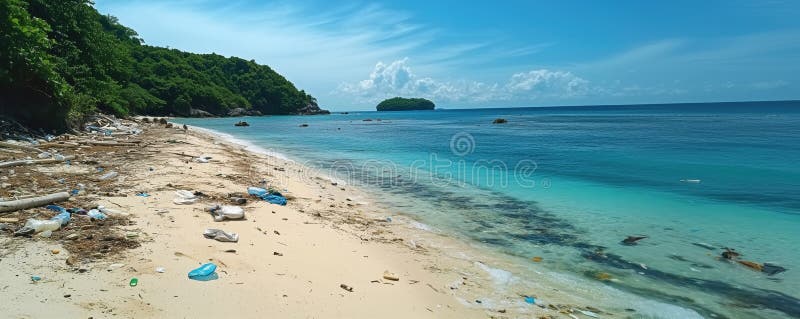 Polluted Beach with Plastic Waste, Clear Water, Lush Green Hills Stock ...