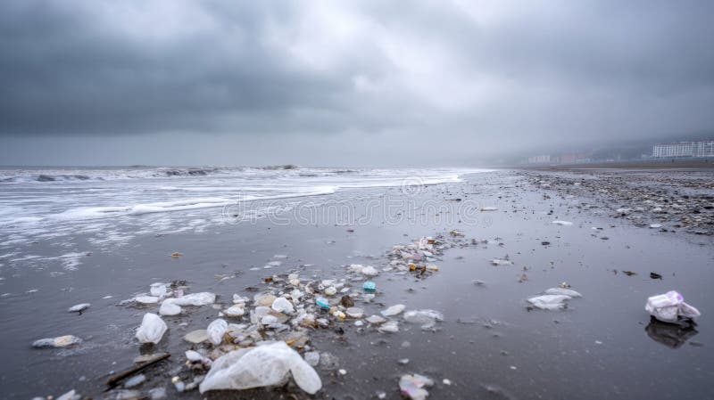 Polluted Beach with Trash on a Cloudy Day a Beach Covered in ...