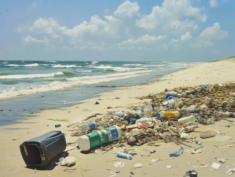 Polluted Beach with Trash Scattered Along the Shoreline Stock ...