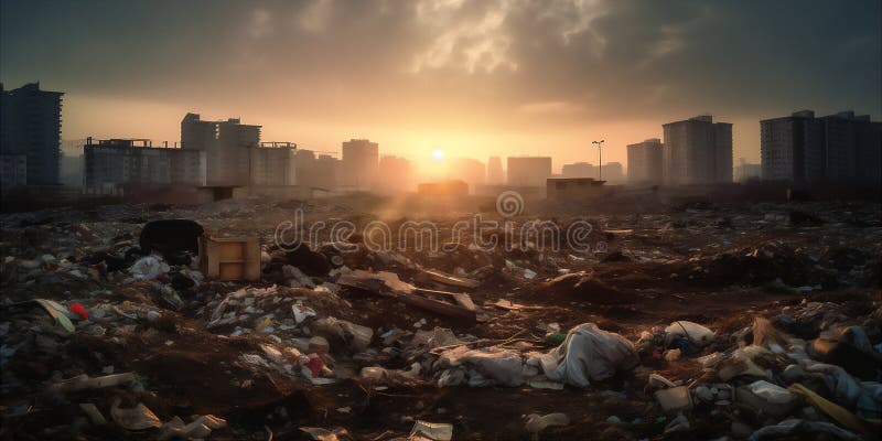 Polluted Cityscape Buried in Heaps of Garbage and Debris. Visual ...
