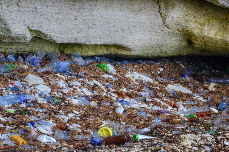 Polluted Coastline with Plastic, Polyethylene, Plastic Bottles and ...