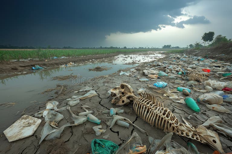 Animal Skeleton Lying on Cracked Earth Polluted by Plastic Waste Stock ...