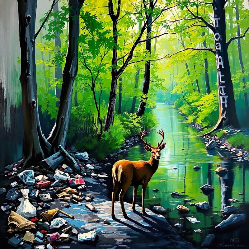 Deer in the Forest on a Background of the River and Trees Stock ...