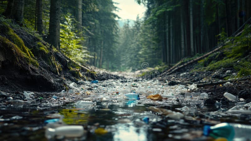 Polluted Forest Path Covered in Litter with Sunlight Filtering through ...