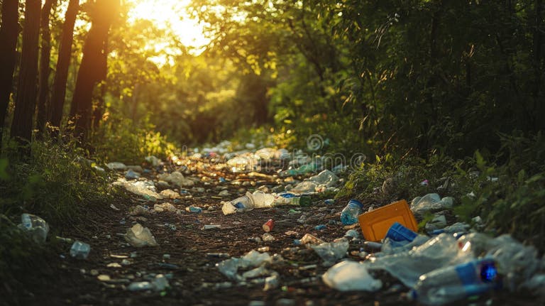 Polluted Forest Path Covered in Litter with Sunlight Filtering through ...