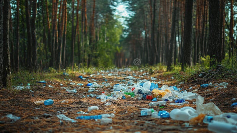 Polluted Forest Path Covered in Litter with Sunlight Filtering through ...