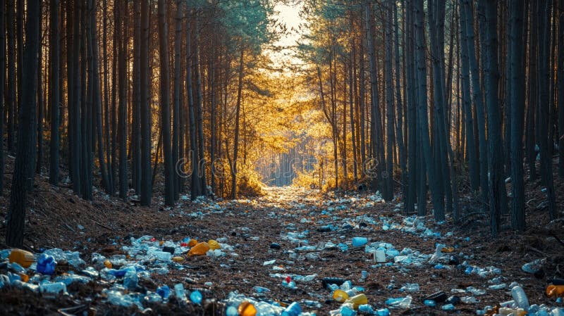 Polluted Forest Path Covered in Litter with Sunlight Filtering through ...