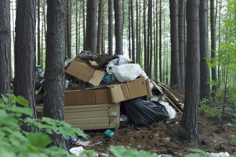 Polluted Forest with Scattered Garbage, Plastic Waste, and Abandoned ...