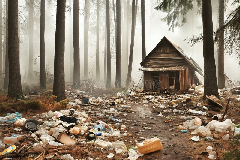 Polluted Forest with Scattered Garbage, Plastic Waste, and Abandoned ...