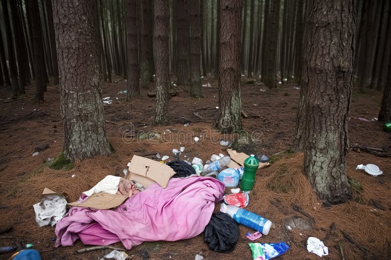 Polluted Forest with Scattered Garbage, Plastic Waste, and Abandoned ...