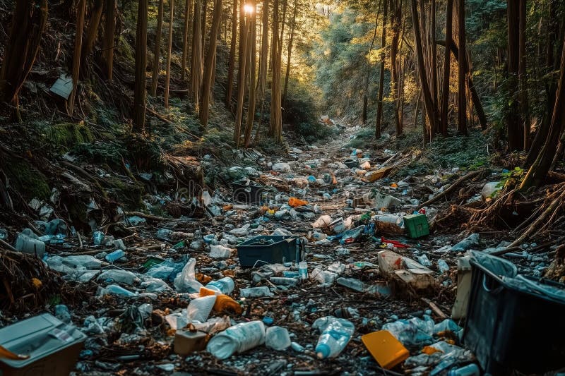 Polluted Forest with Scattered Garbage, Plastic Waste, and Abandoned ...