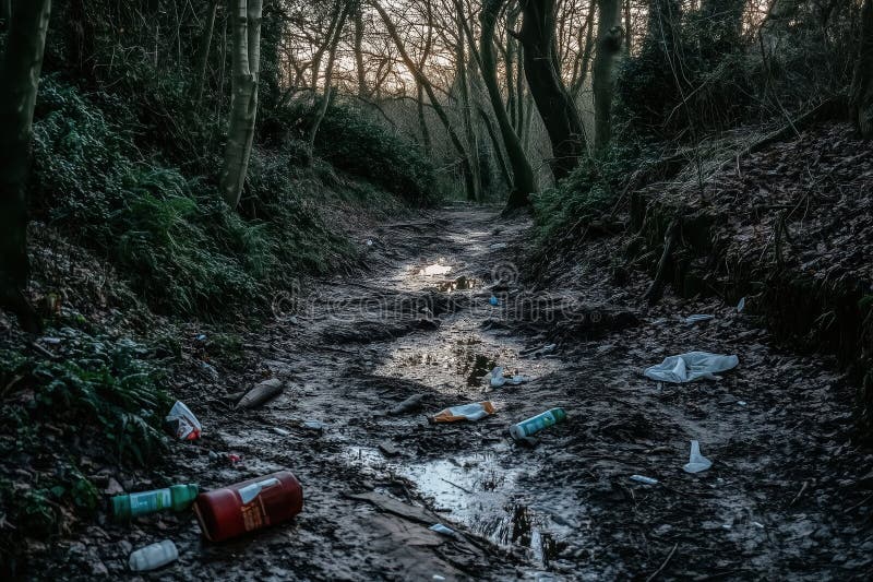 Polluted Forest with Scattered Garbage, Plastic Waste, and Abandoned ...