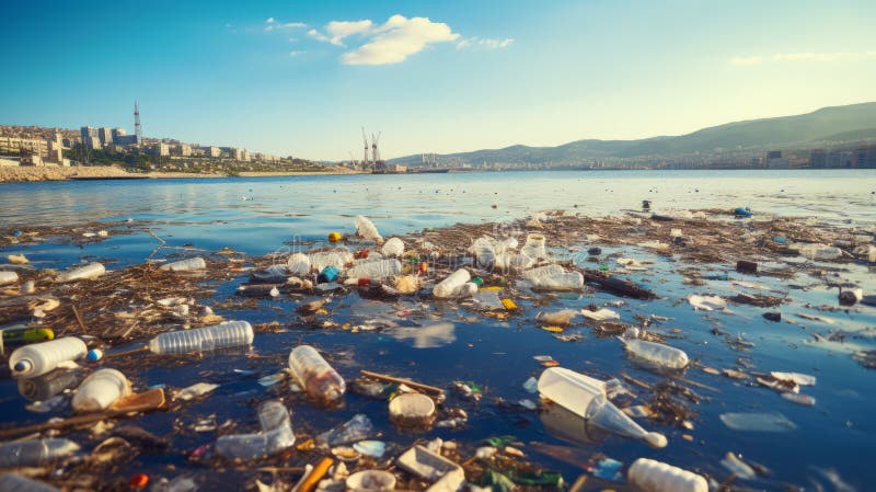 A Polluted Harbor with Visible Pollution and Litter in the Water Stock ...
