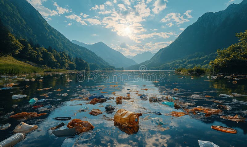 Polluted Lake with Plastic Waste Reflecting Mountains and Sky during ...